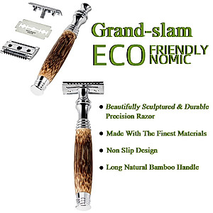 Grandslam Double Edge Safety Razor + 10 Blades Safety Razor with Handmade Long Natural Bamboo Handle Eco Friendly Safety Razors for Women/Men Ladies Shaver