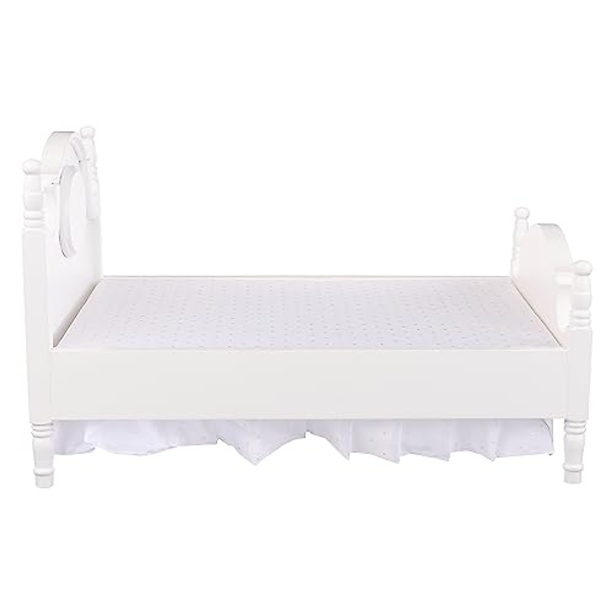 Dollhouse Furniture Queen Bed Set, Mini Bedroom Accessories for 12 inch Dolls, Grey Bedding, White Wooden Frame, 1/6 Scale