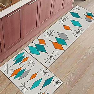 Kitchen Rug Set Europen Modern Mid Century 2 Piece Non-Slip Kitchen Floor Mat Rubber Back Retro Prismatic Soft Indoor Bathroom Doormat Runner Rug Carpet Set (15.7"x23.6"+15.7"x47.2")