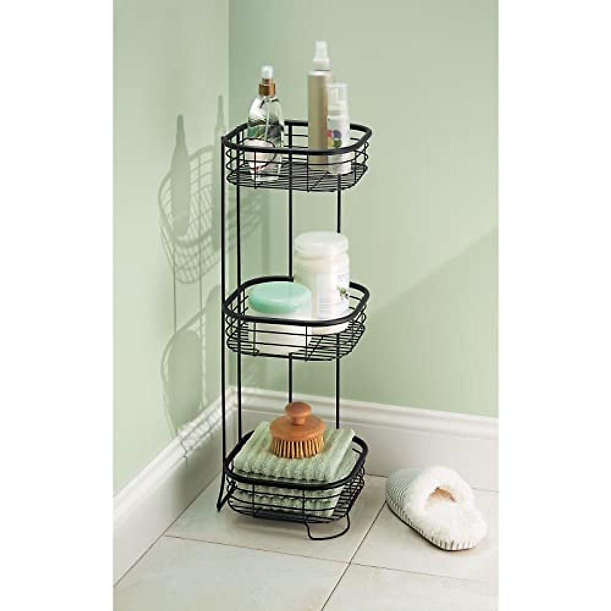 mDesign Square Metal Bathroom Shelf Unit - Free Standing Vertical Storage for Organizing and Storing Hand Towels, Body Lotion, Facial Tissues, Bath Salts - 3 Shelves, Steel Wire - Matte Black