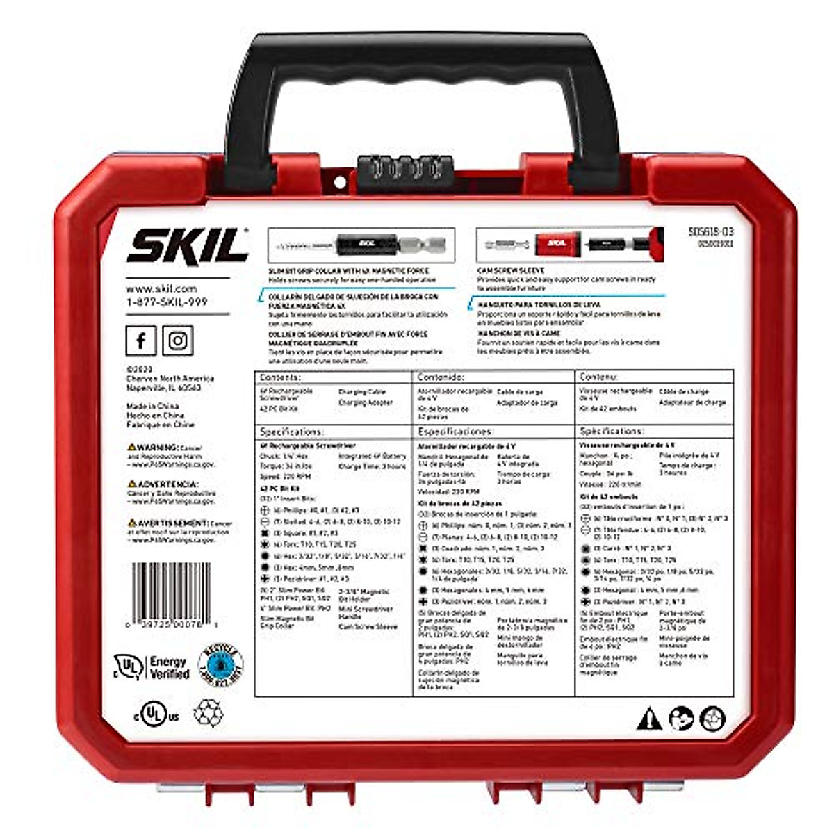 SKIL Rechargeable 4V Cordless Pistol Grip Screwdriver with 42pcs Bit Set, USB Charger and Carrying Case - SD5618-03