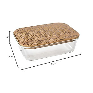 Delight King Glass Containers with Bamboo Lids, Set of 4 Glass Food Storage Containers with Wooden Lids, Non Toxic, Non Plastic, Fridge and Microwave Safe, Eco Friendly, Leaf Printed Wood Lid Design