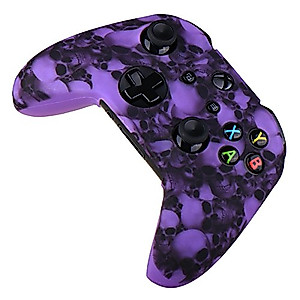 YoRHa Water Transfer Printing Skull Silicone Cover Skin Case for Microsoft Xbox One X & Xbox One S Controller x 1(Purple) with PRO Thumb Grips x 8