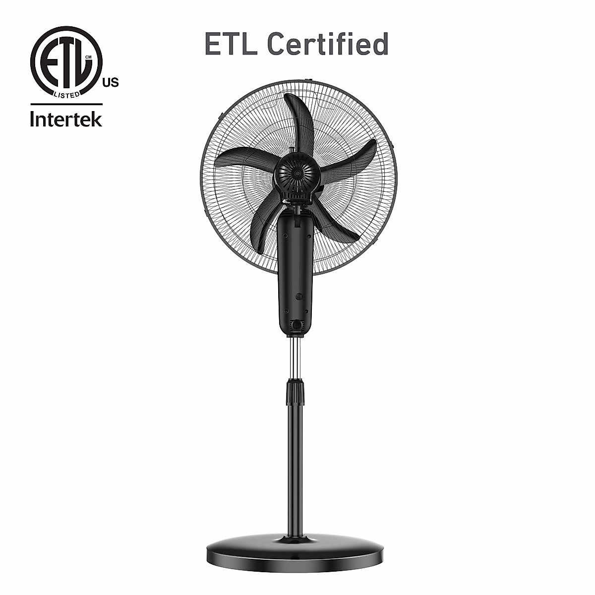 HOLMES 18" Stand Fan, 75° Oscillation, 3 Speeds, 5 Blades, Adjustable Height, 25° Head Tilt, Ideal for Home, Bedroom or Office, Black