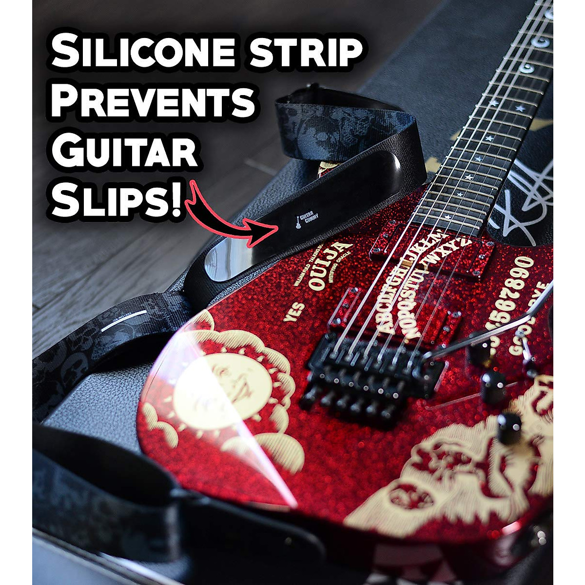 Guitar Gummy™ The ORIGINAL Guitar Strap Non Slip Grip Strip Pad; Prevent Neck Dive - SET of 4 PIECES; Large Black (Black)