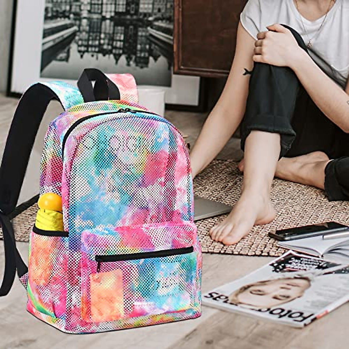 LEDAOU Mesh Backpack for Kids Girls Semi-Transparent Mesh School Backpack Bookbag Lightweight Casual Daypacks for Beach Gym Travel (Tie Dye Orange)
