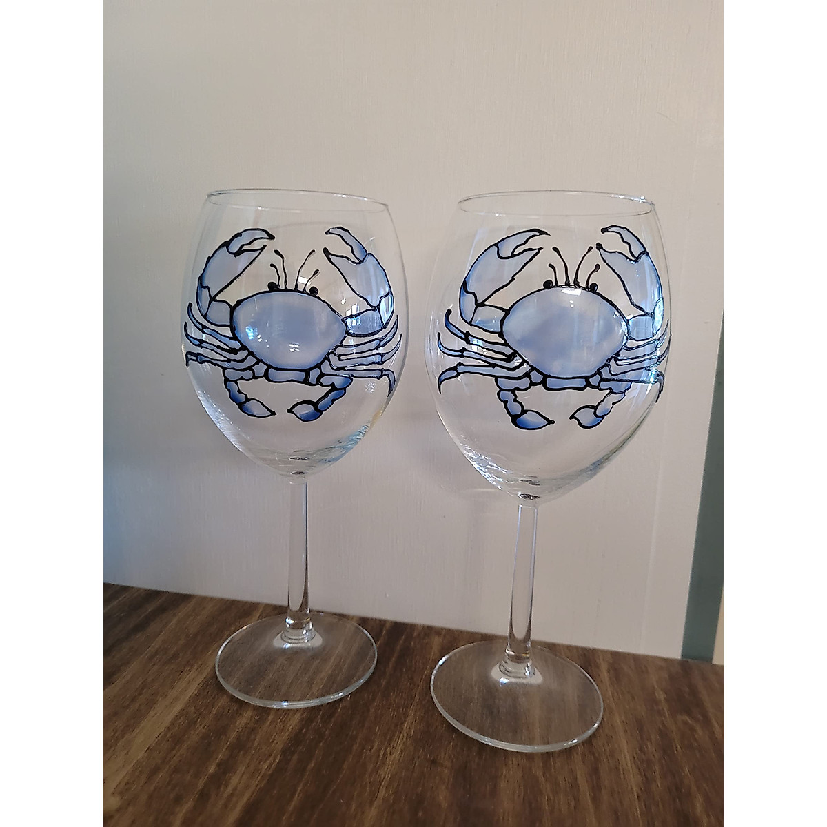 Blue Crab Hand Painted Stained Glass Stemmed Wine Glasses Set of 2