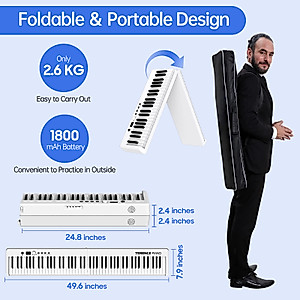 Folding Piano Keyboard, 88 Keys Full Size Semi-Weighted Foldable Piano, Support MIDI Bluetooth Portable Piano with LCD Screen Sheet Music Stand Sticker Sustain Pedal for Beginners Kids (White)