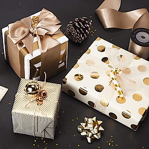 WRAPAHOLIC Wrapping Paper Roll - Gold Print for Birthday, Holiday, Wedding, Baby Shower Packing - 3 Rolls - 30 inch X 120 inch Per Roll