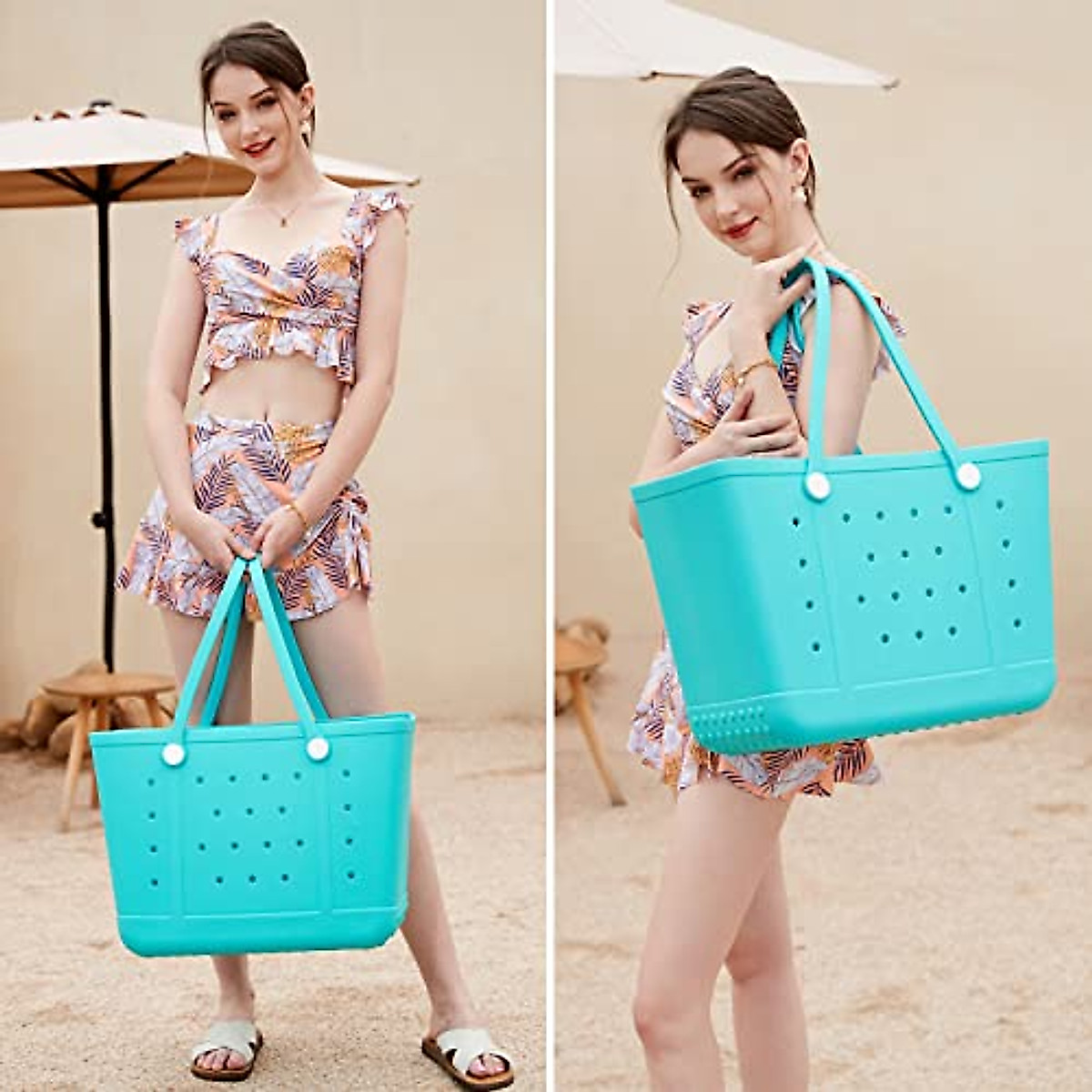 MYHOZEE Beach Bag Tote Swim Bag Women,Rubber Beach Tote Bags With Hole Waterproof Washable Durable Open Handbag for Beach Pool Boat Sports,Green