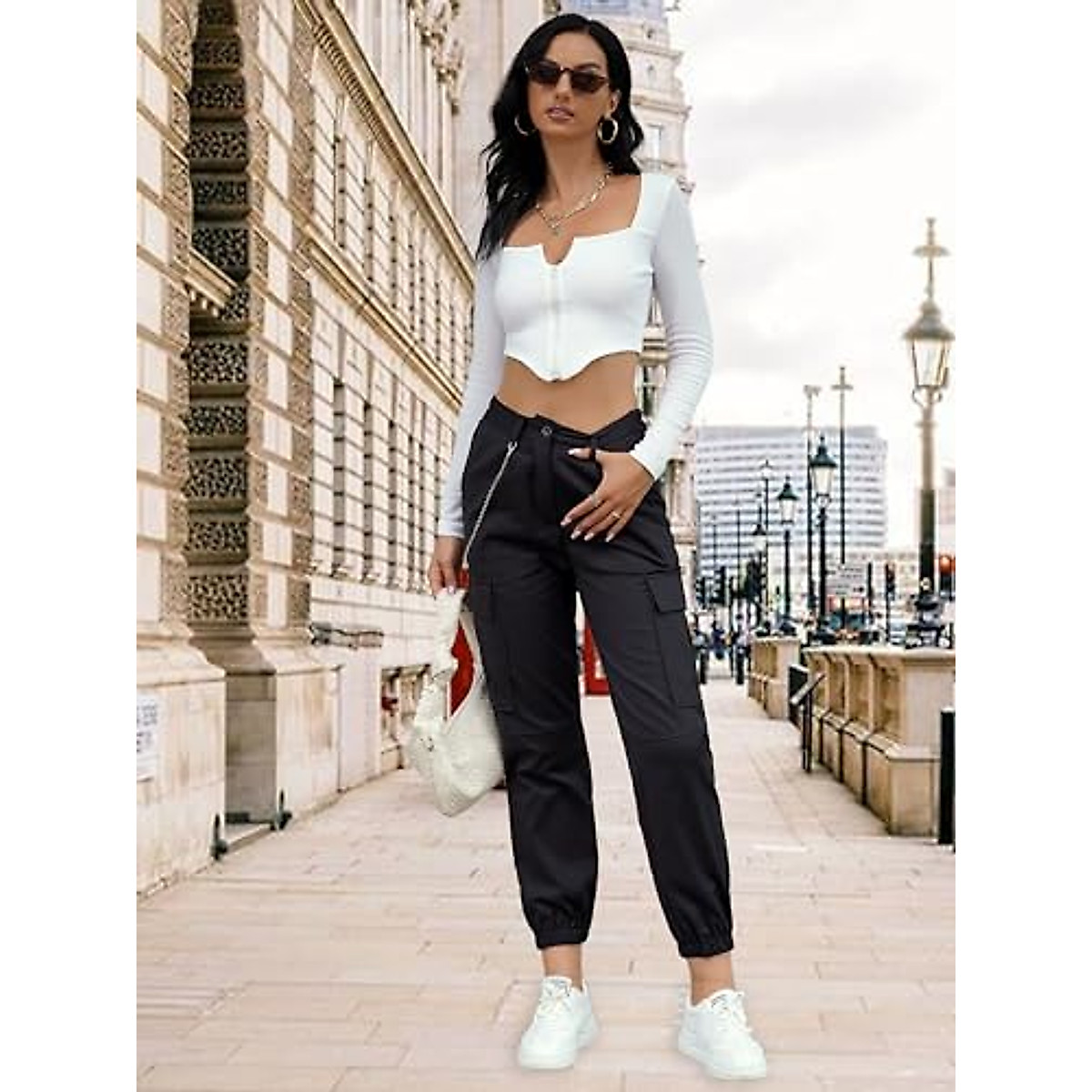 ZAFUL Cargo Pants for Women High Waisted Jogger Pants Outdoor Sweatpants Casual Pants with Chain (1-Black,L)
