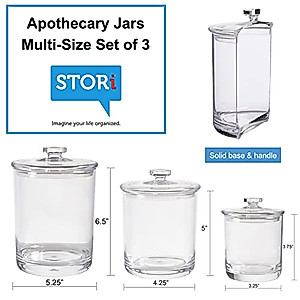 STORi 3-Pack Premium Quality Qtip and Cotton Ball Holders | 15-oz, 30-oz, and 60-oz Clear Plastic Apothecary Jars with Lids | Perfect Containers for Bathroom and Vanity | Set of 3