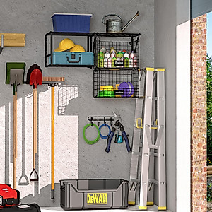 ThreeHio Garage Shelf Wall Mounted with Wire baskets, Heavy Duty Garage Wall Shelving with Garden Tool Rack and Hooks, Wire Shelf Baskets Tool Organizer for Home Garden Garage Organization and Storage