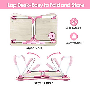 KPX Portable Laptop Bed Table, Fordable Lap Desk with Cup Slot & Notebook Stand Breakfast Bed Trays for Eating and Laptops Book Holder Lap Desk for Floor,Couch, Sofa, Bed, Terrace, Balcony (Pink)