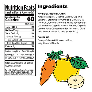 Little Brainiac Organic Fruit & Veggie Toddler Pouches, Apple, Carrot, Banana Puree with Omega-3s DHA/EPA and Choline, Clean Label, BPA-Free, Non-GMO, 3.5 oz, Pack of 12
