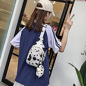 Unisex Canvas Daypack, Cartoon Printed Cows Chest Bag, Small Sling Bag with Hanging Pendant for Women Lady, White