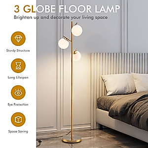 Tangkula 3-Globe Floor Lamp, Modern Freestanding Lamp with Convenient Foot Switch & 3 E26 Bulb Bases, Sturdy Steel Pole, Tall Standing Light for Living Room, Bedroom, Study, Simple Assembly (Golden)