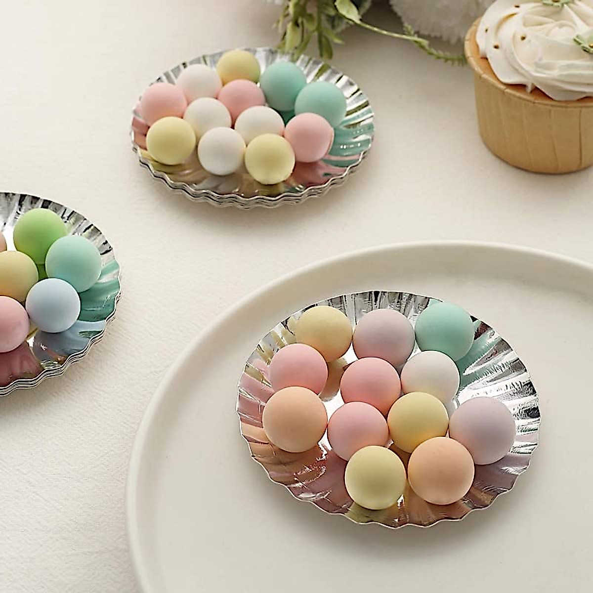 Balsa Circle 50 Metallic Silver 3.5 in Round Disposable Dessert Paper Plates Scalloped Trim Party Events Reception Home Decorations Supplies