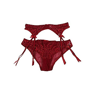 ohyeah Valentine Garter Belt Lingerie Plus Size Garter Belts for Thigh Highs Stockings with Thong Pantie Sets 2 Pcs High Waisted Red Garter Set Lace Suspender Belt with 4 Straps Clip