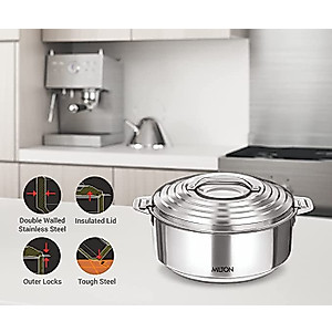 Milton Casserole for hot food, insulated stainless steel hot pot with lid, 84 oz (2500 ml) 2.6 qt, Serving box (bowl, dish) for food and roti Galaxia 2500 Food Warmer Cooler, Silver