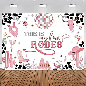 West Cowgirl Theme Birthday Party Background Wild West Party Supplies This is My First Rodeo Banner Girl Birthday Party Cow Print Pink Cactus Western Girls Party Decoration Supplies (7X5FT)