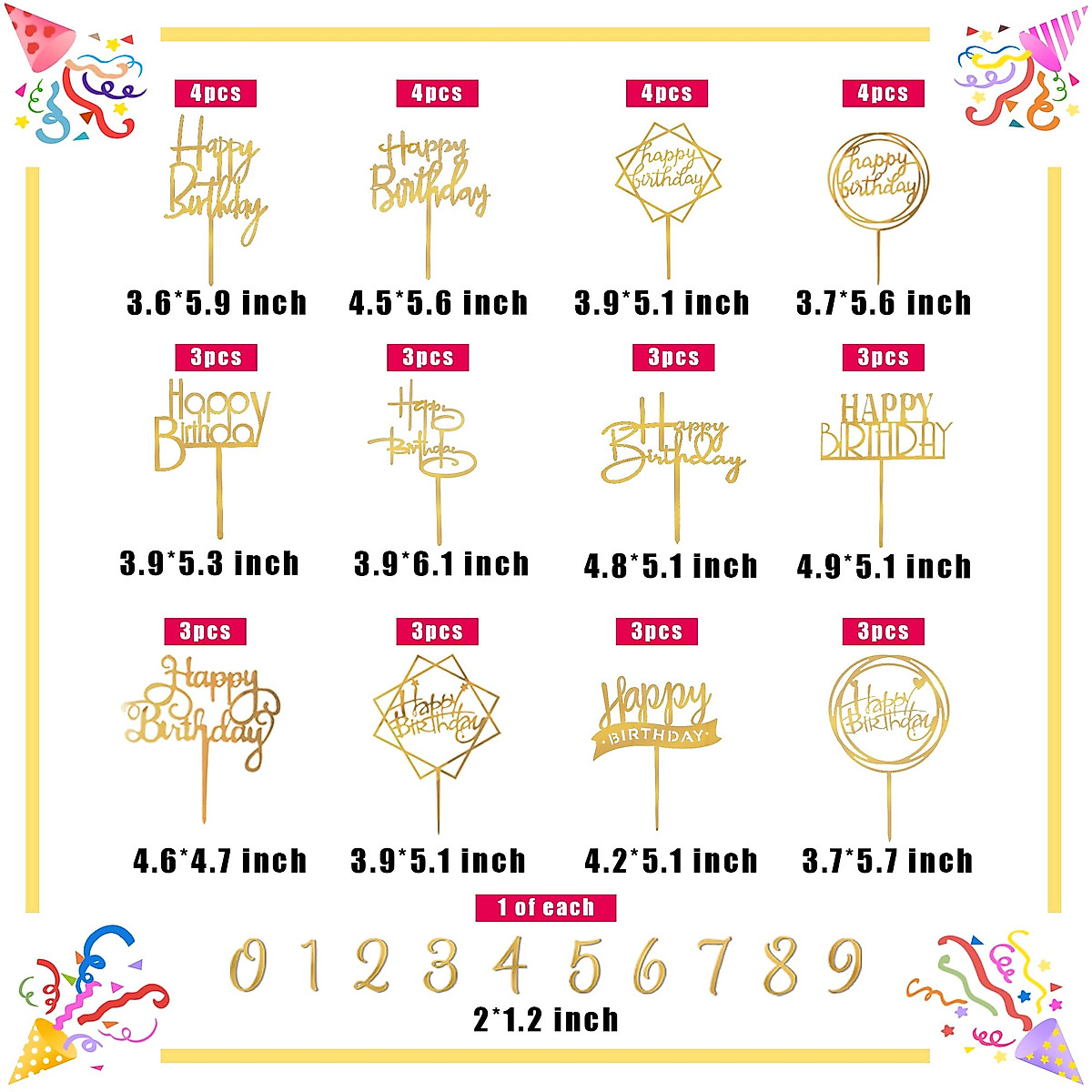 50 PCS Gold Happy Birthday Cake Topper Acrylic Birthday Cupcake Topper Pick for Birthday Party Cake Desserts Pastries Decorations (Gold)