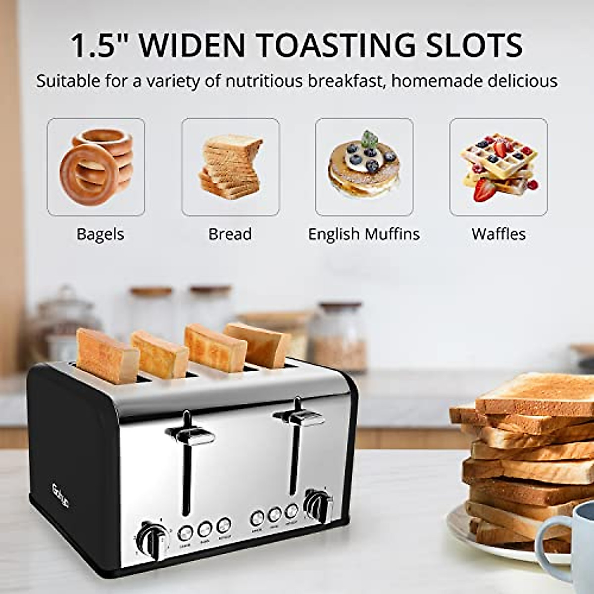 Gohyo 4 Slice Toaster 100% Stainless Steel with Wide Slots & Removable Crumb Tray for Bread & Bagels（4 Slice,Black）