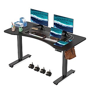 KORGOL Curved Electric Standing Desk 48 x 24 Inches Adjustable Height Ergonomic Sit Stand Up Desk for Home Office Computer Workstation Memory Preset with Wheels and Black Frame/Black Top
