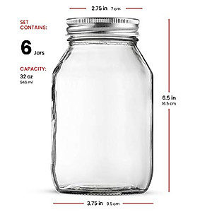 Paksh Novelty Glass Regular Mouth Mason Jars, 32 Oz Jars with Silver Metal Airtight Lids for Meal Prep, Dry Food Storage, Canning, Drinking, Overnight Oats, Jelly, Spices, Salads, Yogurt (6 Pack)