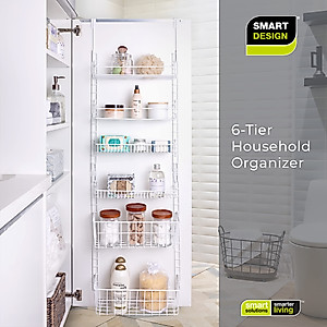 Smart Design Over The Door Pantry Organizer Rack with 6 Adjustable Shelves - Steel Metal Wire Baskets and Frame - Hanging - Wall Mountable - Cans, Spice, Storage, Closet, Bathroom, Kitchen - White