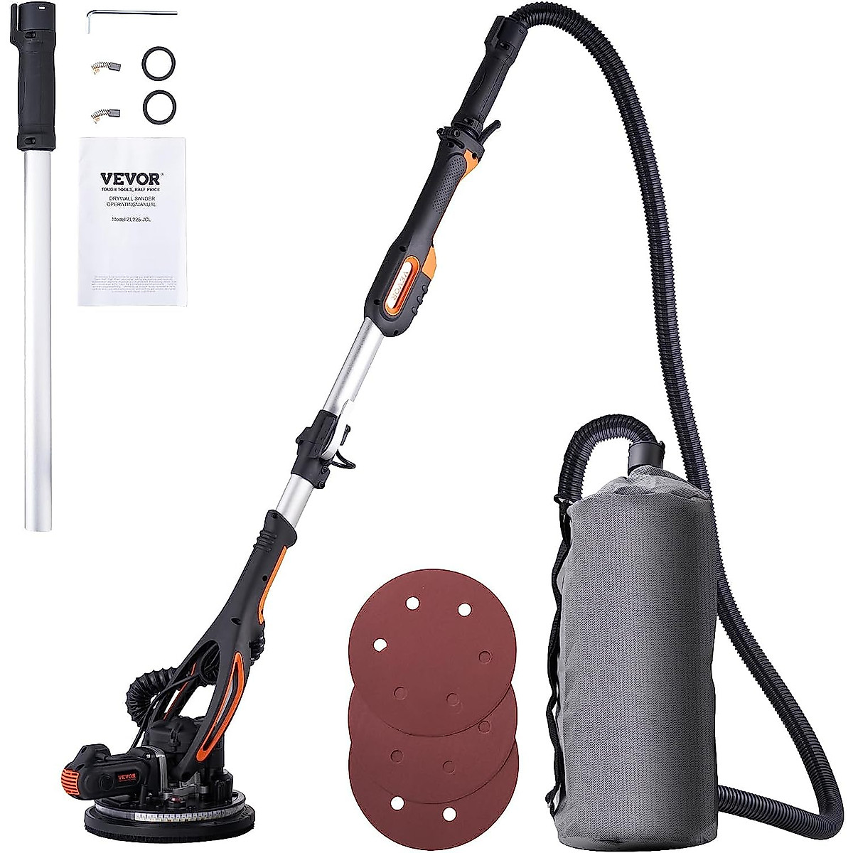 VEVOR Drywall Sander, 900W Electric Sander with 12 Sanding Discs, Variable Speed 800-1800 RPM Wall Sander with 3 Suction Ducts, Foldable Ceiling Sander & 2 LED Lights, Extendable Handle, Dust Bag