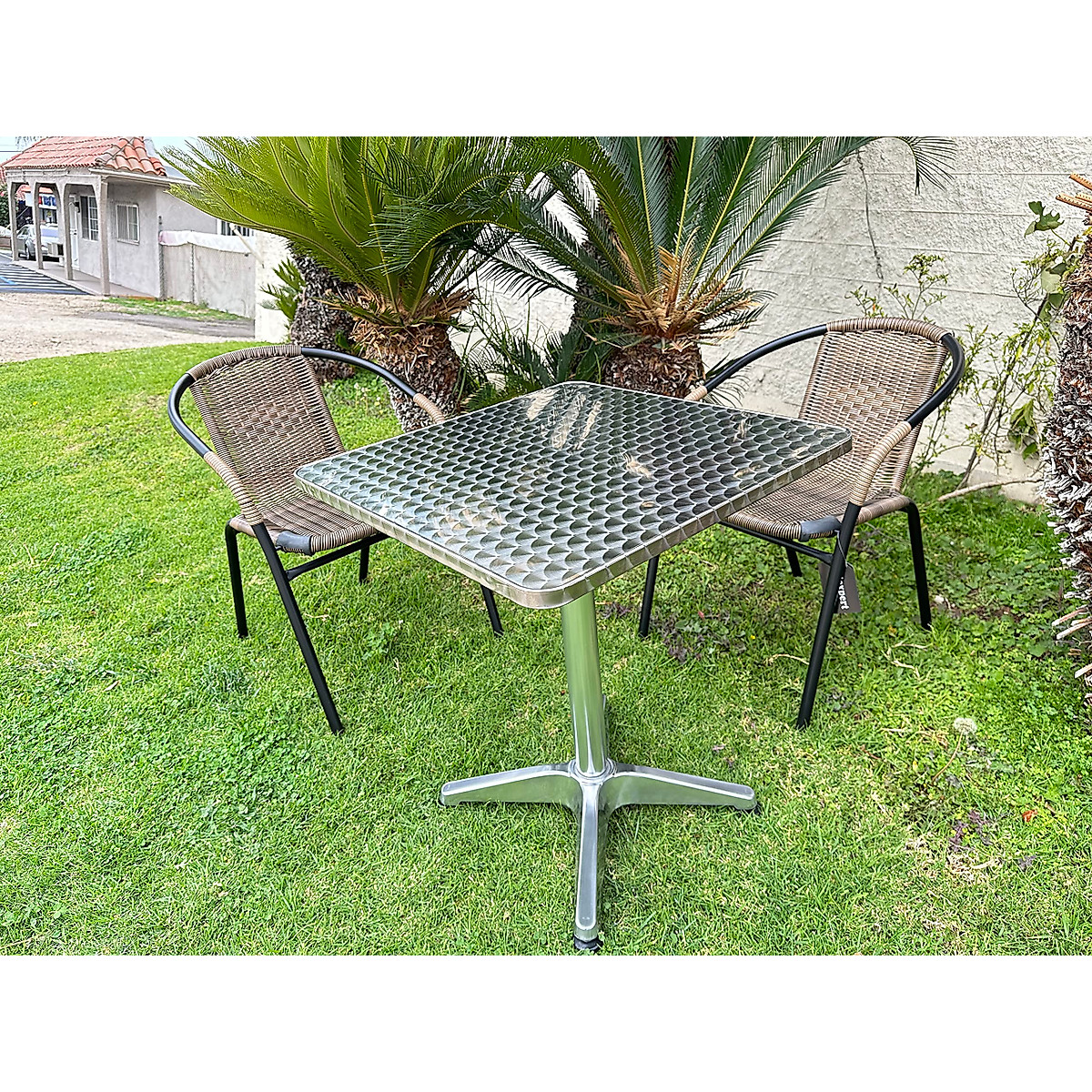 BTEXPERT Indoor Outdoor 27.5" Square Restaurant Table for Patio Stainless Steel Silver Aluminum Furniture with Base Set of 2