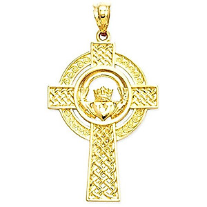 IceCarats 14K Yellow Gold Celtic Heart Love Irish Claddagh Holy Cross Necklace Religious Pendant Jesus Christ Charm Jewelry 40mm x 22mm Only