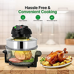 18 Quart Convection Countertop Air Fryer - See through Glass for Best Cooking Results - Air Fryer, Roaster, Bake, Grill, Steam & Roast - Includes Glass Bowl, Broil Rack & Toasting Rack