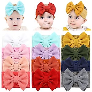 Dizila 12 Pack Elastic Big Bow Wide Nylon Headbands Hairbands Turban Headwraps Hair Accessories for Baby Girls Newborns Infants Toddlers Kids