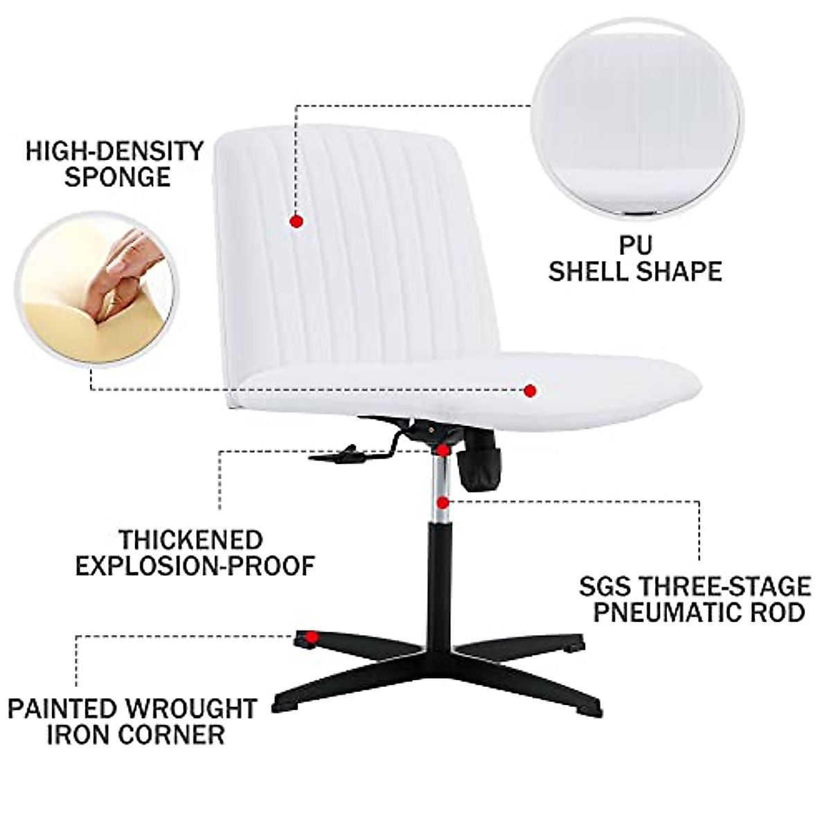Swivel Armless Chair No Wheels,PU Leather Computer Chair,Height Adjustable 360°Swivel Office Chair with Black Foot and Padded Cushion,Study Desk Chair Makeup Chair for Living Room Office,White