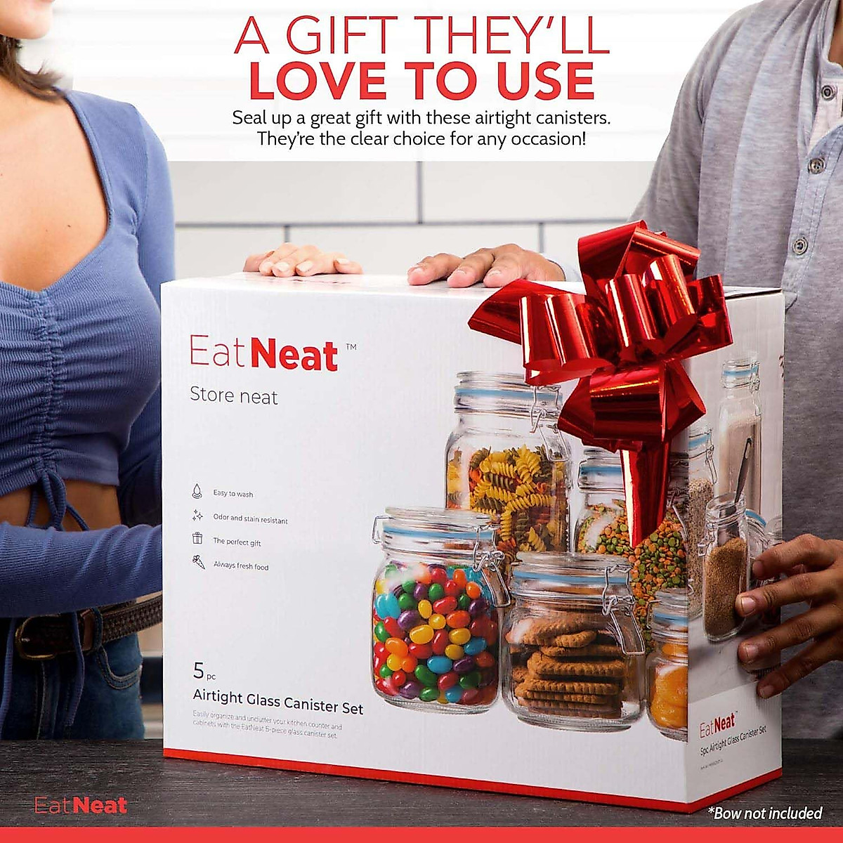 EATNEAT 5-Piece Airtight Glass Kitchen Canisters with Glass Lids - Set of 5 Mason Jars for Food Storage, Organization, and Canning - Food Storage Containers that Hold 68, 51, 34, 27, and 17 Ounces