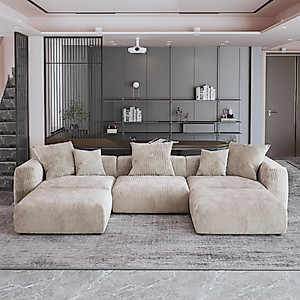 141.73" Modular Sectional Sofa, Slipcovered Corduroy U Shaped Sofa Couch with 2 Ottomans,5 - Piece Convertible Sectional with 5 Pillows,Cushion Covers Removable& Washable (Beige)
