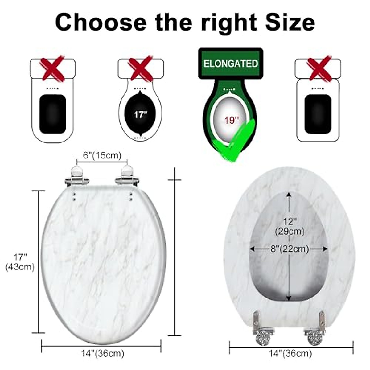 3D horizontal elegant white marble texture background Resin Elongated Toilet Seat with Cover Quiet Close Quick Release Hinges Decorative Toilet Seat Easy to Clean Install Home Decor