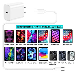 iPad Pro Charger,20W USB C Fast Charger with 10FT Long Fast Charging Cord for iPad Pro 12.9 5th/4th/3rd,11 inch 3rd/2nd/1st,iPad Air 5th/4th Generation,iPad Mini 6th,iPad 10th,iPhone 15 Pro Max/Plus