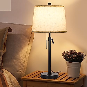 Table Lamps for Living Room Set of 2, Modern Bedside Lamps for Bedroom Height Adjustable Desk Lamp Dimmable Black Nightstand Lamps with Beige Lampshade, Pull Chain Table Lamp for Office Restaurant