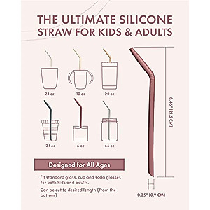 Silicone Straw - Flexible & Reusable Drinking Straws with Cleaning Brush for Toddlers & Kids - With Bendable Tips – Soft, Food-Safe Material, No BPA - Dishwasher Safe - Set of 6 - Oak