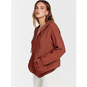 ANRABESS Women's Sweater Hoodies 2023 Fall Oversized Full Zip Up Jackets Long Sleeve Crewneck Sweatshirt Casual Loose Ribbed Knit Pullover Top with Pocket 791xiuhong-L Rust