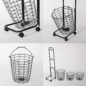 MYOYAY 3-Tier Laundry Basket 360° Moveable Iron Art Laundry Basket with Wheels Metal Wire Small Clothes Storing Stand Removable Dirty Clothes Storage Basket Bathroom Balcony Black