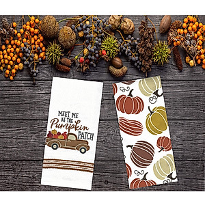 Mainstream Fall Kitchen Towels, Set of 2, Vintage Bronze Truck Meet Me at The Pumpkin Patch and Print Cotton Terry Dishtowels Drying Cloth 16 x 26 inches White, Bronze, Brown, Gold, Orange Wine, Grey