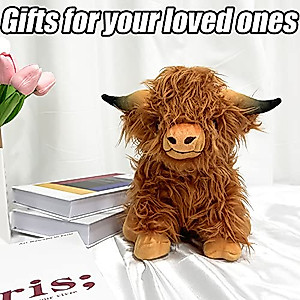 GARKALY 12 Inch Highland Cow Stuffed Animal,Scottish Fluffy Cow Plush,Cute Realistic Soft Cow Stuffed Animal Farm Decor Birthday Gift Toy for Adults Kids (Brown)