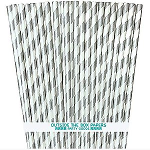 Striped Paper Straws - Silver White - Christmas Holiday Wedding Anniversary Party Supply - 7.75 Inches - 100 Pack - Outside the Box Papers Brand