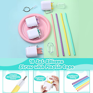 Mumufy 10 Set Silicone Travel Straws with Case Reusable Straws Foldable Drinking Straw Collapsible Portable Straw Set for Party Cold or Hot Straw with 10 Carry Cases 10 Cleaning Brushes 8.66 Inch Long