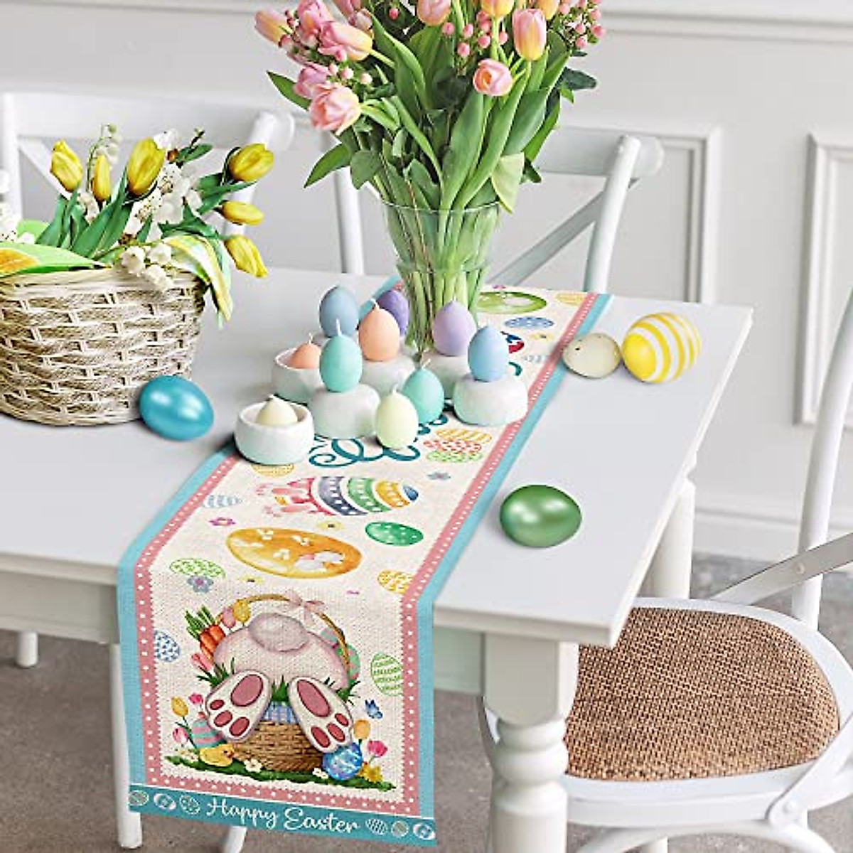 pinata Easter Table Runner, Happy Easter Table Runner 72 Inch, Burlap Bunny Dresser Scarves for Kitchen, Small Rabbits Egg Linen Table Cloth for Holiday, Seasonal Spring Table Decor for Dinning Room