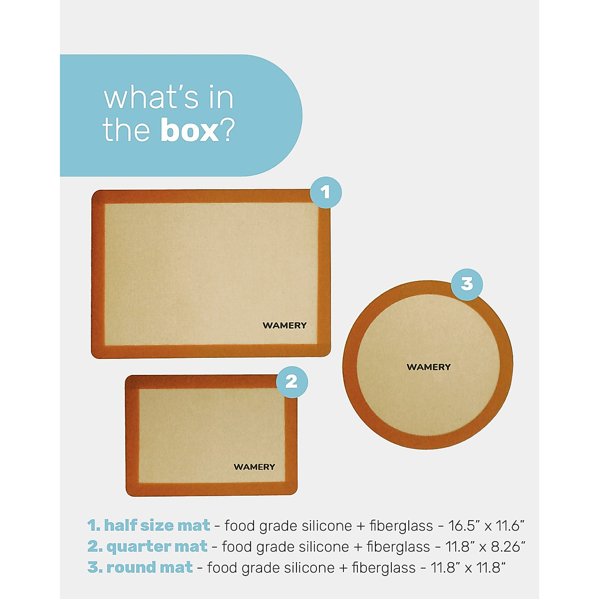 Silicone Baking Mats Set of 3, 1 Half Sheet, 1 Quarter Sheet & 1 Round Nonstick Silicone Mats for Baking - Food Grade Silicone Baking Sheets for Cookies Macarons Bread Pastry Pizza